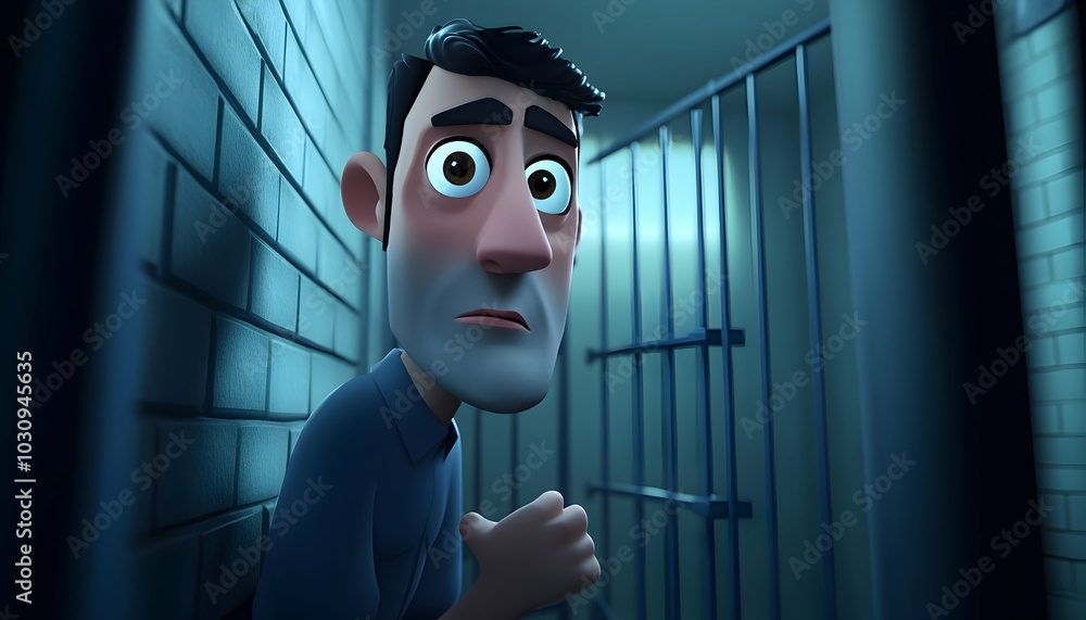 Cartoon illustration of a jailed man in a cell, rendered in 3D style ...