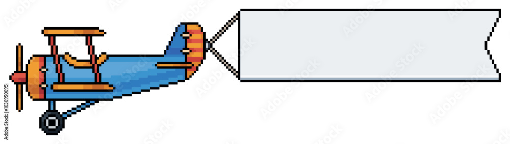 Pixel art blue biplane pulling a blank banner, vector icon of airplane ...