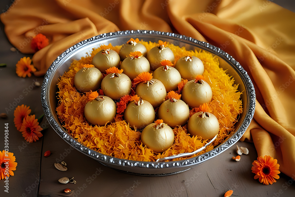 raditional Indian Sweet Laddu, Garnished with Silver & Saffron. Vibrant ...