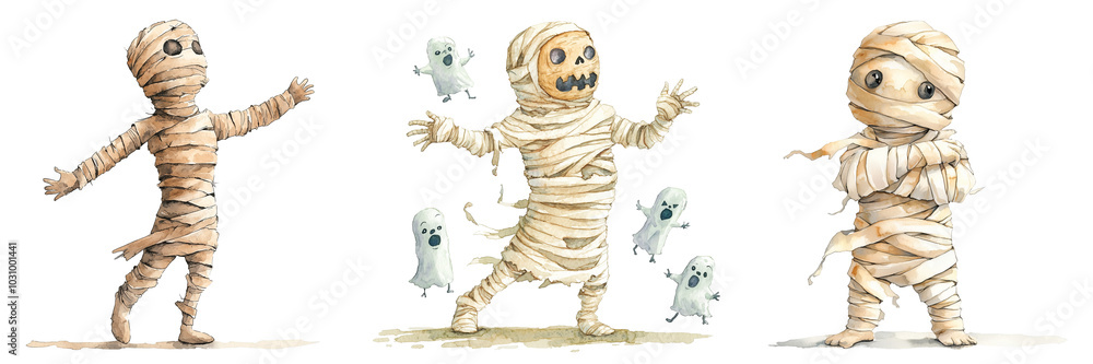 Mummy characters on transparent background. Halloween cartoon mummies ...