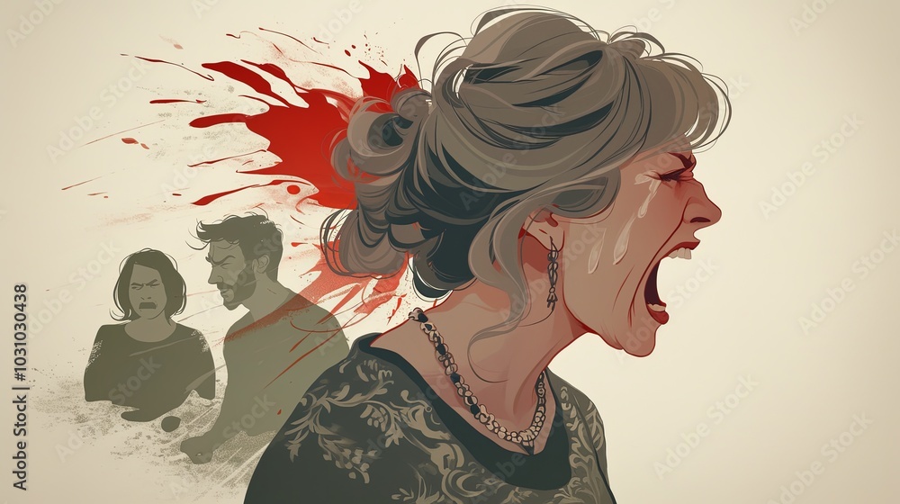 A woman shown in profile, screaming in anger. Behind her is an abstract ...
