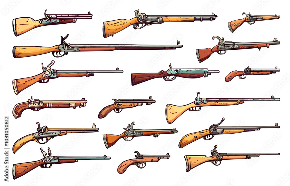 Muskets. Old military handgun, antique gun vintage firearm flintlock ...