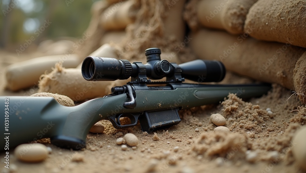Abandoned sniper rifle on sandbag wall cracked scope dirty barrel Stock ...