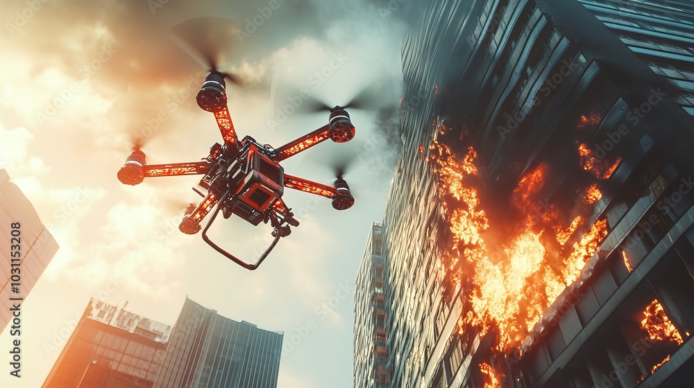 Foto de Stock Advanced robotic firefighters extinguishing a blazing ...