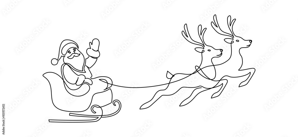 One continuous line drawing of christmas reindeer and Santa Claus. Wild ...