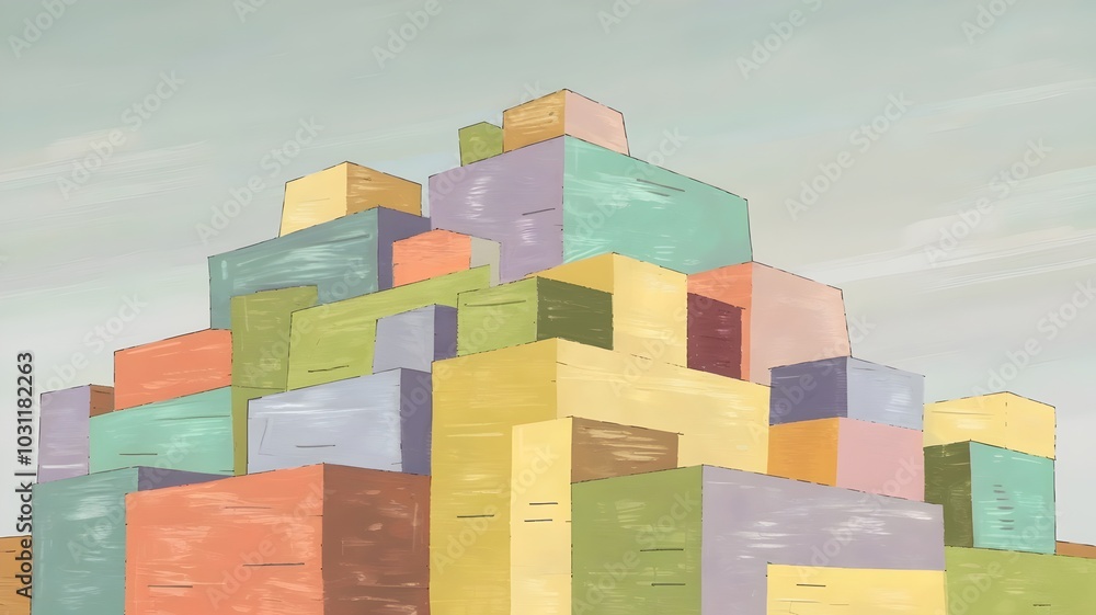 Abstract illustration of colorful pastel buildings stacked in pyramid ...
