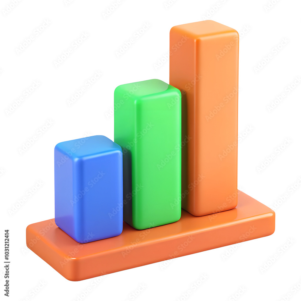 3D rendered colorful bar chart with three bars in blue, green, and ...