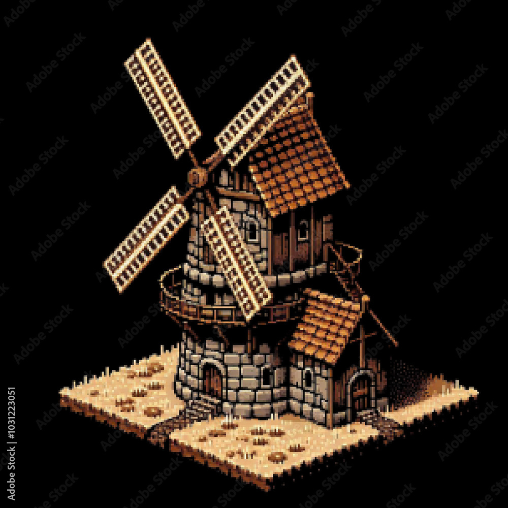 Isometric pixel art medieval windmill Stock Illustration | Adobe Stock