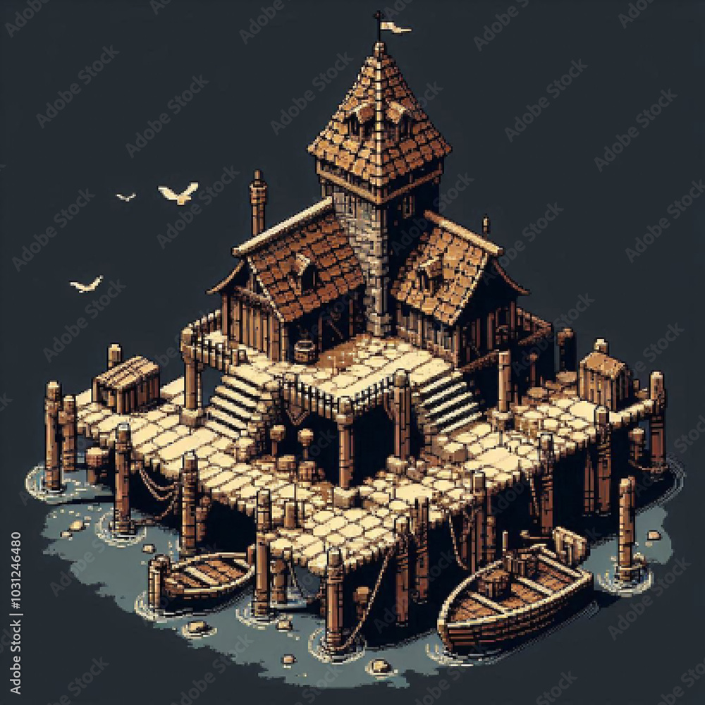 Isometric pixel art medieval docks Stock Illustration | Adobe Stock