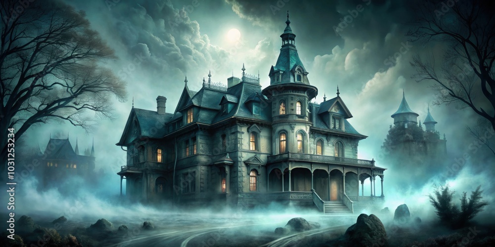Eerie mist envelops a haunted mansion creating a spooky atmosphere ...