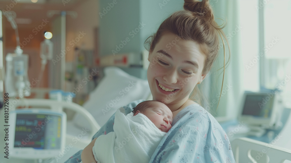 Smiling mother holding her newborn baby in a hospital maternity ward ...