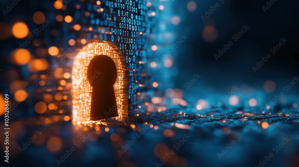 Glowing futuristic keyhole portal surrounded by a digital architectural ...