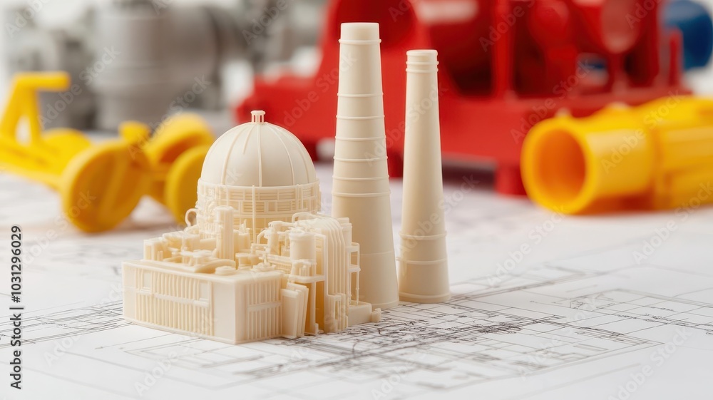 Industrial power plant model on blueprints, showing turbines, cooling ...