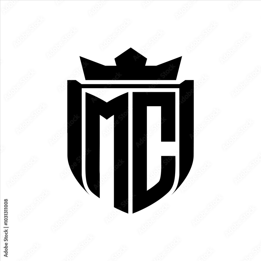 MC Logo with shield shape inside shield badge crown on white background ...