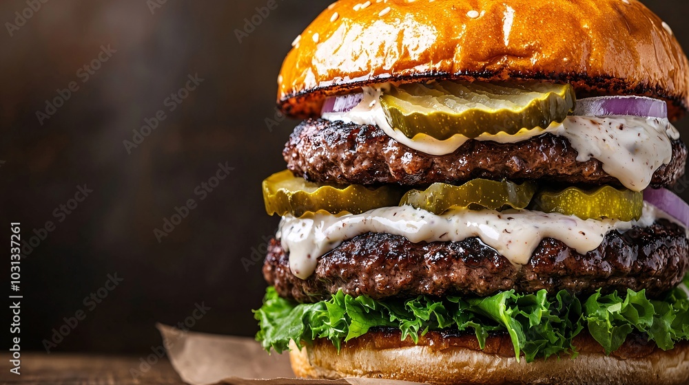 Deliciously layered burger with fresh ingredients and tasty toppings ...