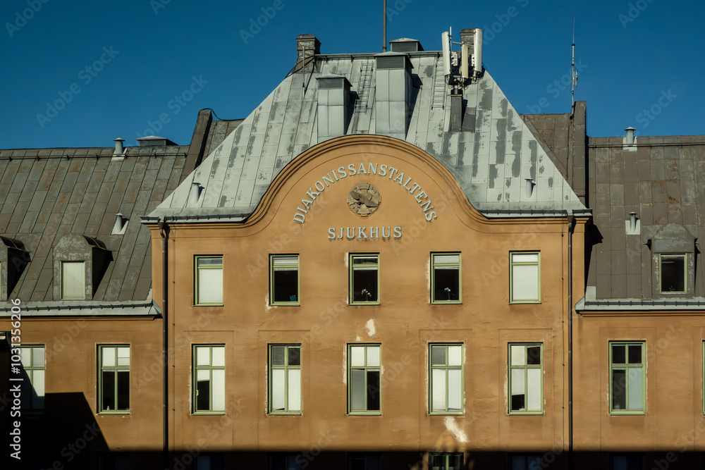 Stockholm, Sweden The old facade of the Ersta Hospital and sign saying ...