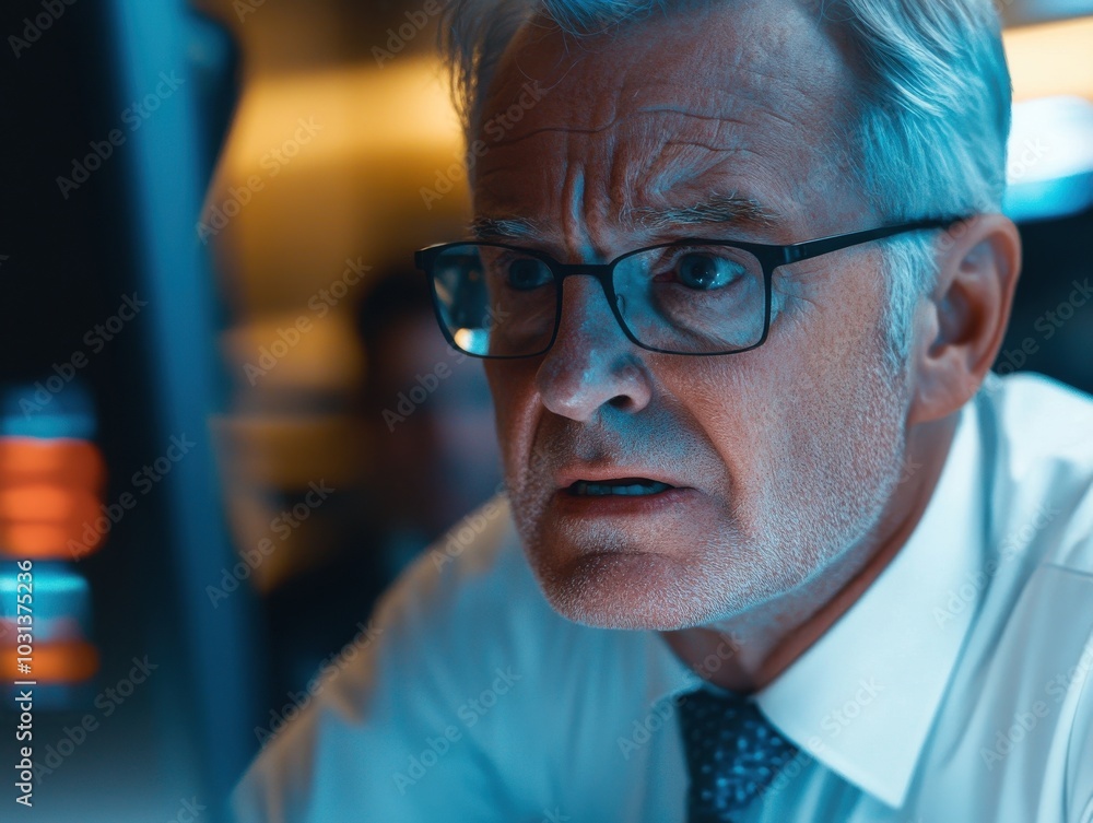 An older man with glasses looks intently at a computer screen ...