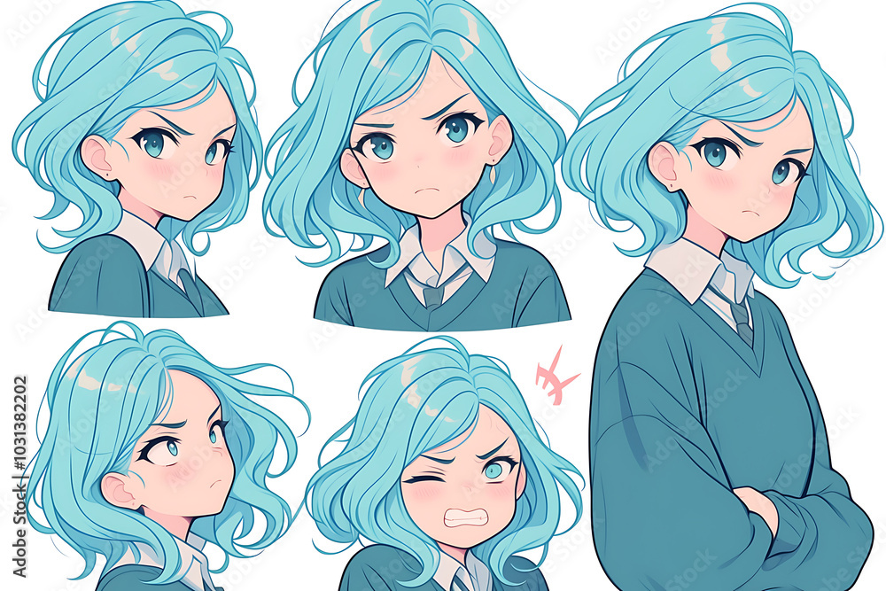 set Angry expression anime girl black hair school uniform with white ...