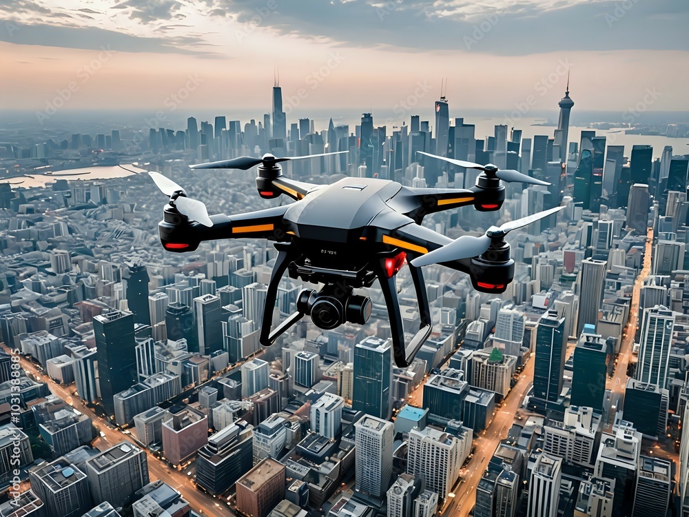 Autonomous delivery drone flying over a city, transforming the future of logistics with high ...