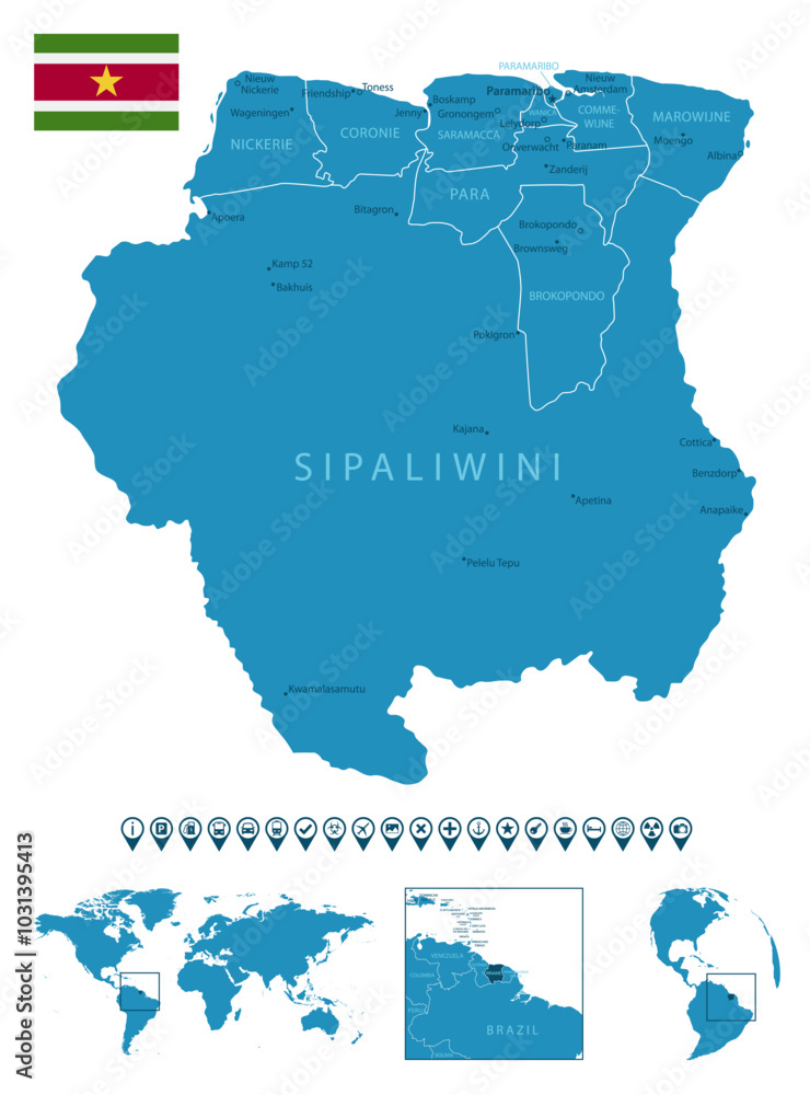 Suriname - detailed blue country map with cities, regions, location on ...
