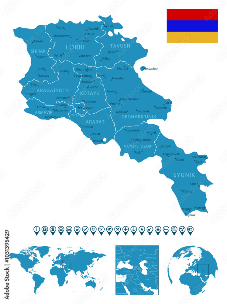 Armenia - detailed blue country map with cities, regions, location on ...