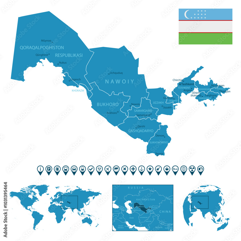Uzbekistan - detailed blue country map with cities, regions, location ...