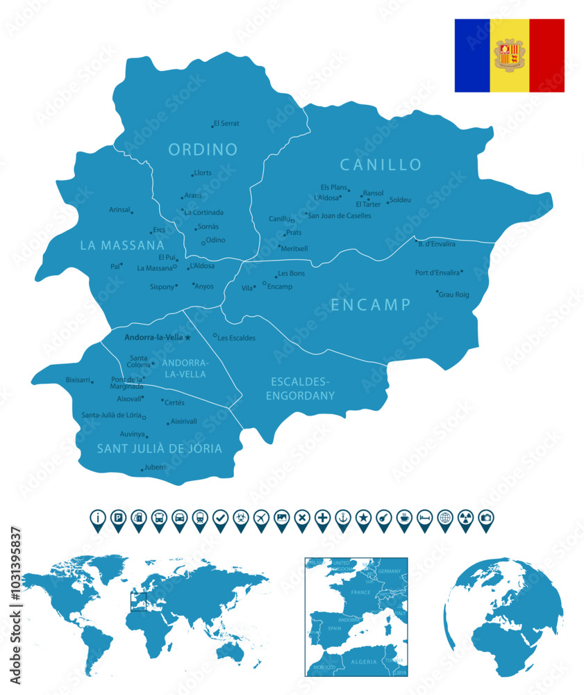 Andorra - detailed blue country map with cities, regions, location on ...