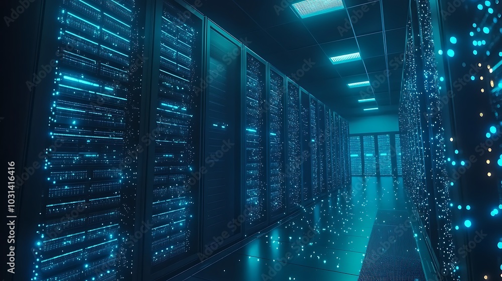 A modern data center with holographic data streams connecting server ...