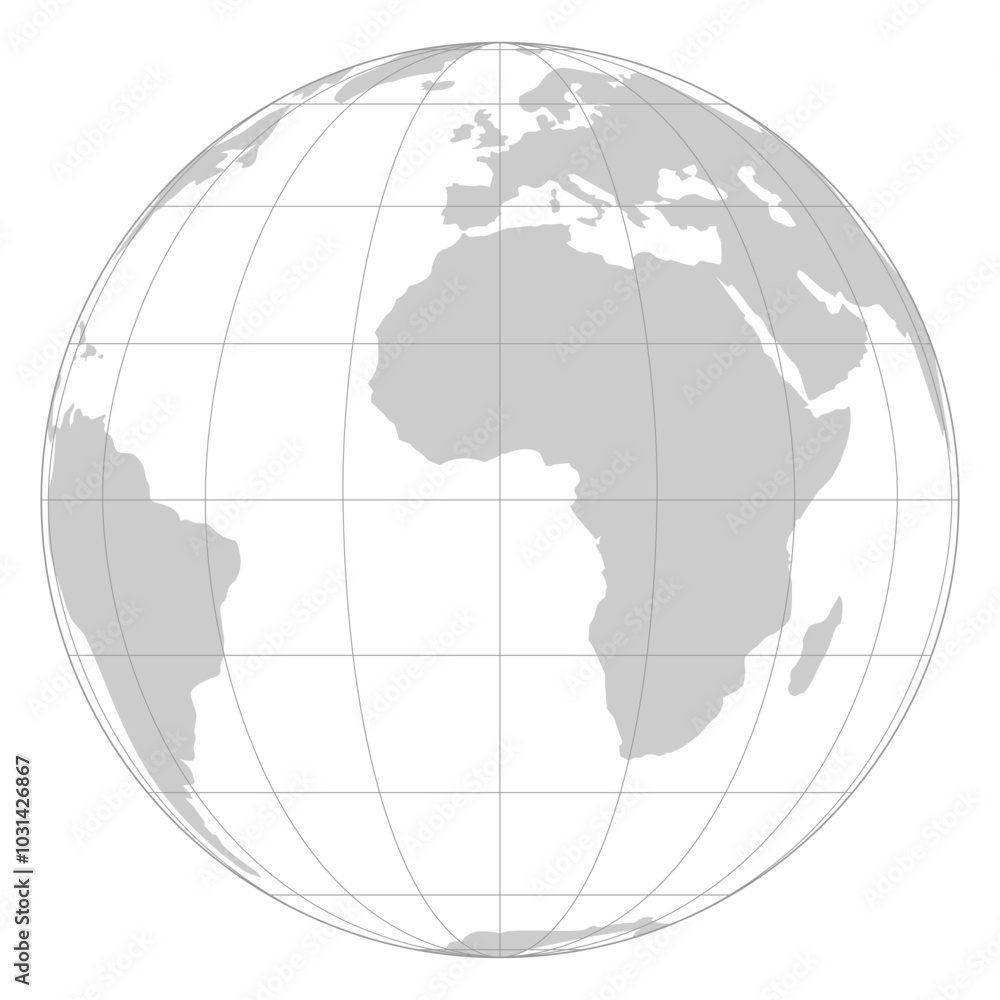 Grey world orthographic map with grid line view point on Europe and ...