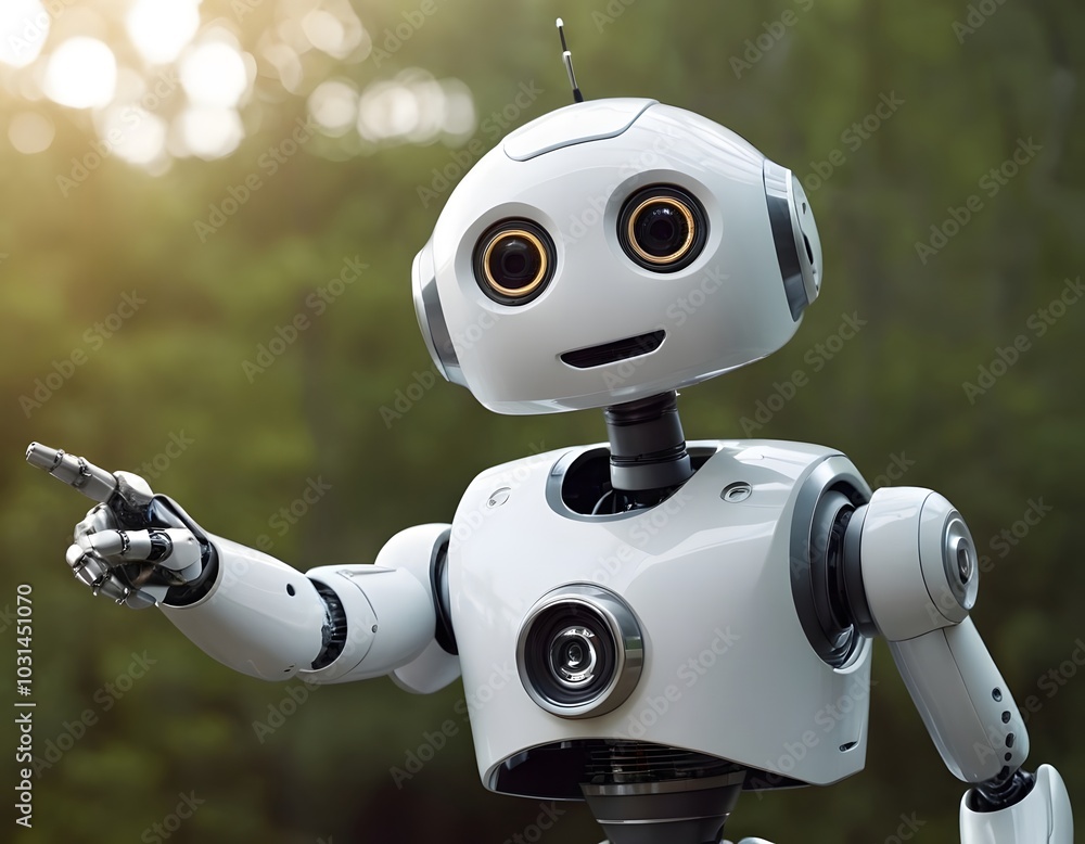 Positive cute robot pointing at a space. Copy space, ai generated in ...