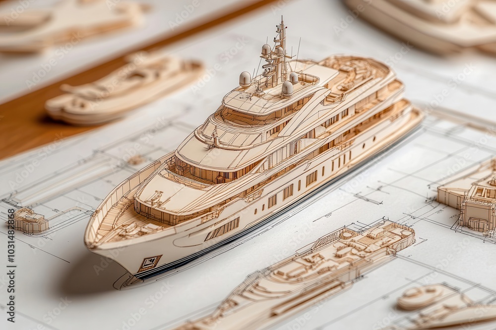Intricate model yacht design on blueprint. Showcasing detailed ...