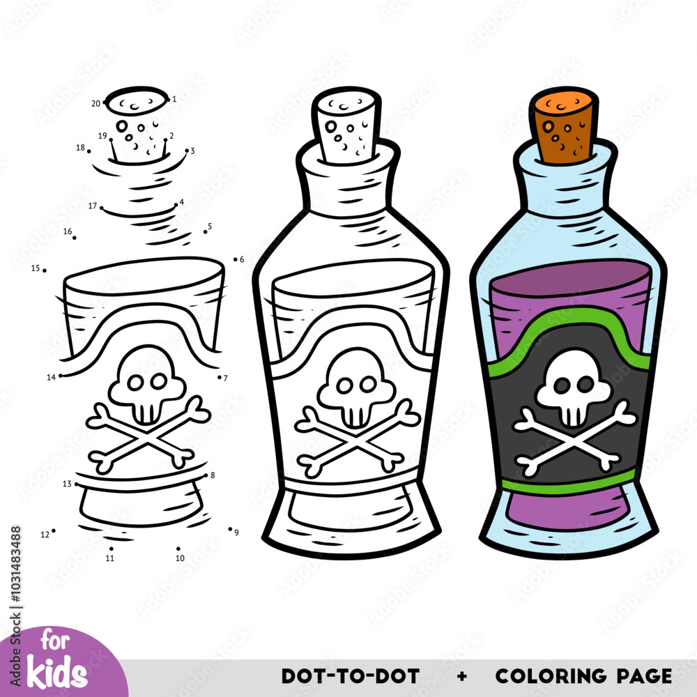 Cartoon poison in a bottle. Numbers game, education dot to dot game for ...