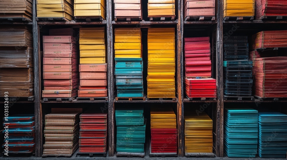 Colorful Stacked Folders on Shelves in an Organized Office Storage Room ...