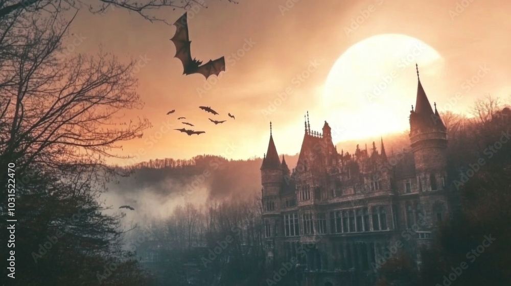 Spooky old medieval castle: Ancient eerie castle on mountain, swarm of ...