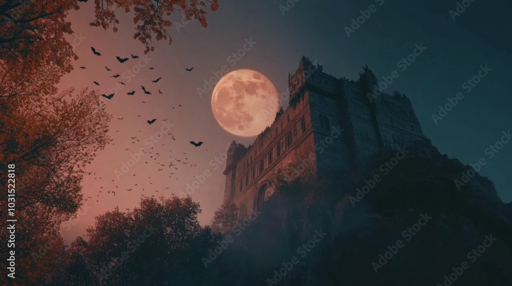 Spooky old medieval castle: Ancient eerie castle on mountain, swarm of ...