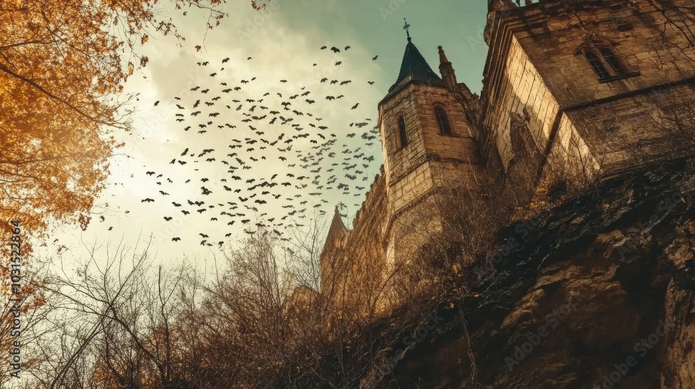 Spooky old medieval castle: Ancient eerie castle on mountain, swarm of ...