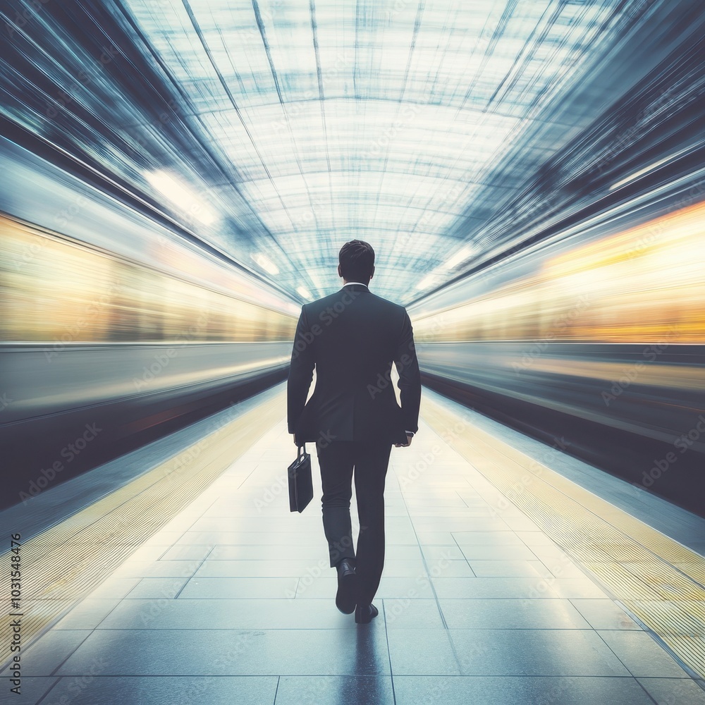 Young businessman man at subway station with blurry moving train in ...