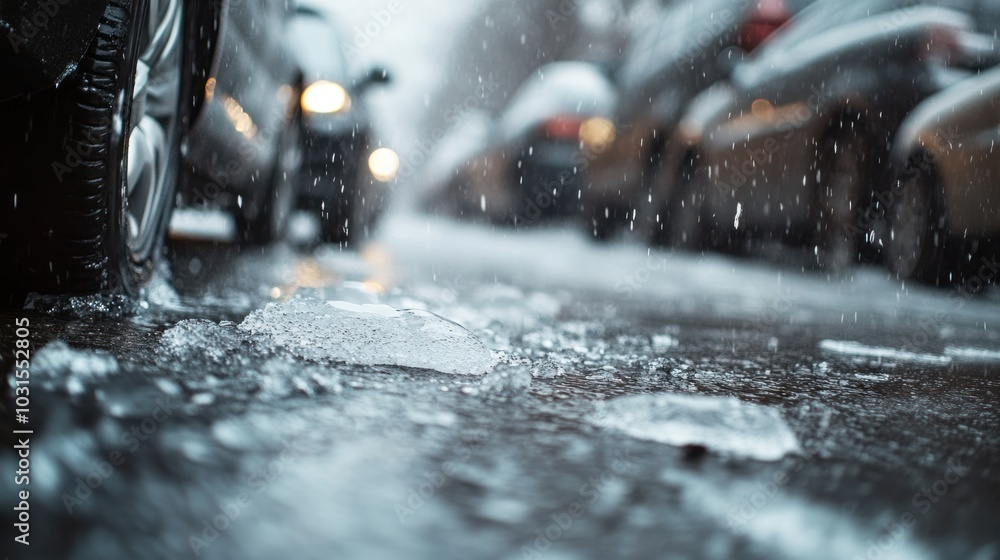 Sleet covering cars and roads in a thin layer of ice, causing slippery ...