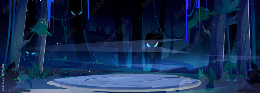 Spooky haunted forest night landscape with round stone platform and fog ...