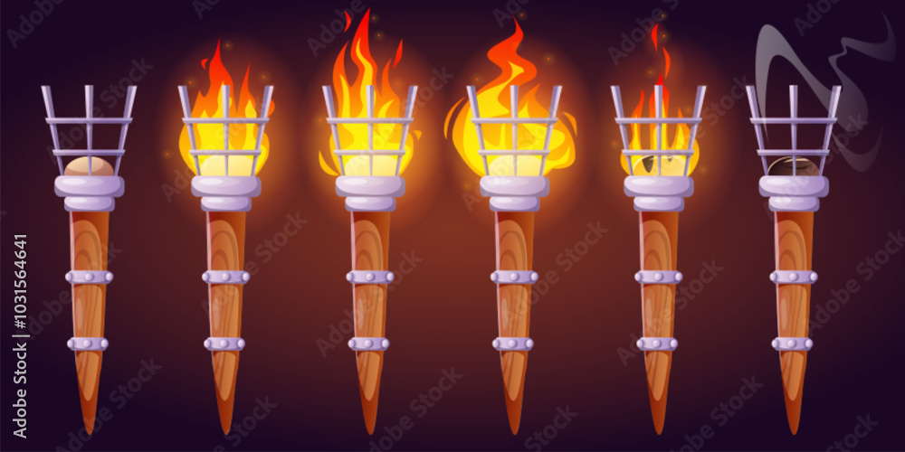 Vector de Stock Medieval torch with wooden handle and fire flame with ...