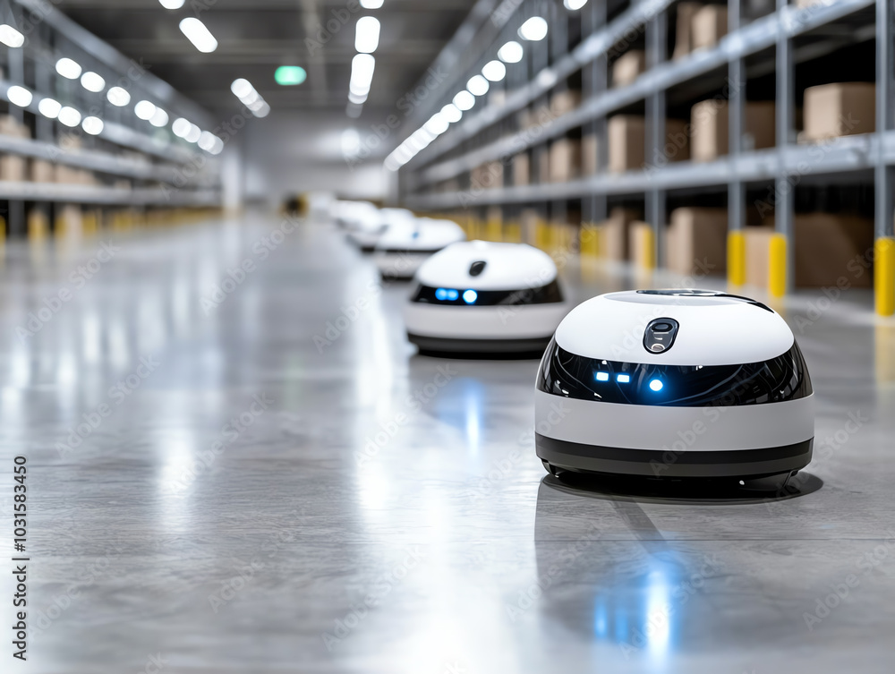 Autonomous robots delivering goods in a modern warehouse, showcasing ...