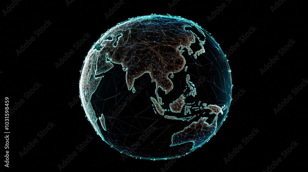 A futuristic, 3D model of Earth with a simplified design. It shows the ...