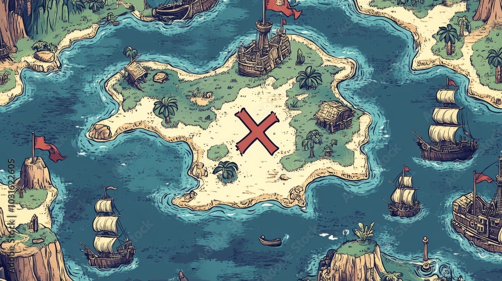 Cartoon-style map of a treasure island with X marks the spot and pirate ...