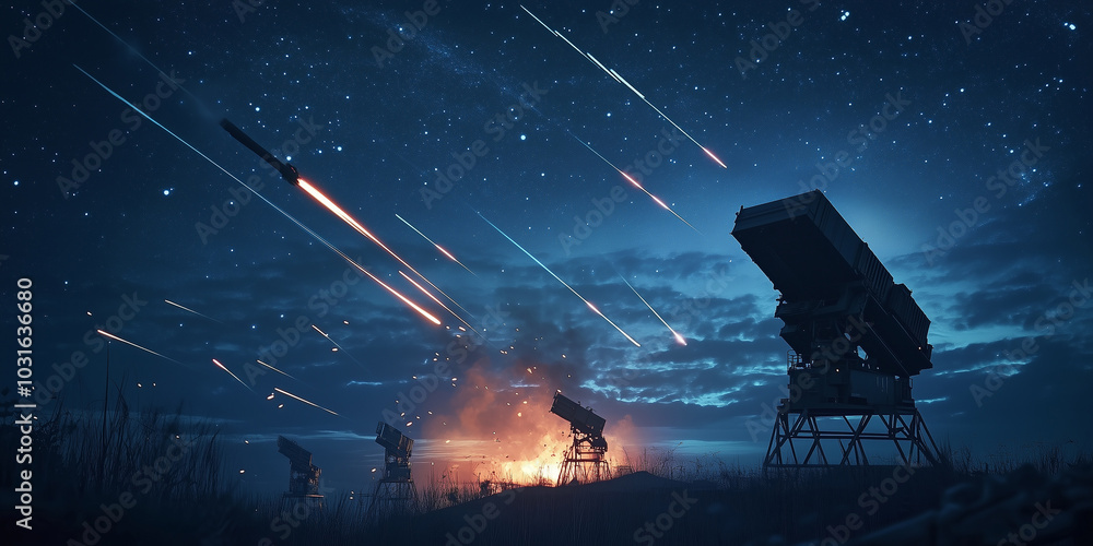 Ilustración de Stock Realistic Night Sky Depiction of Missile Defense ...