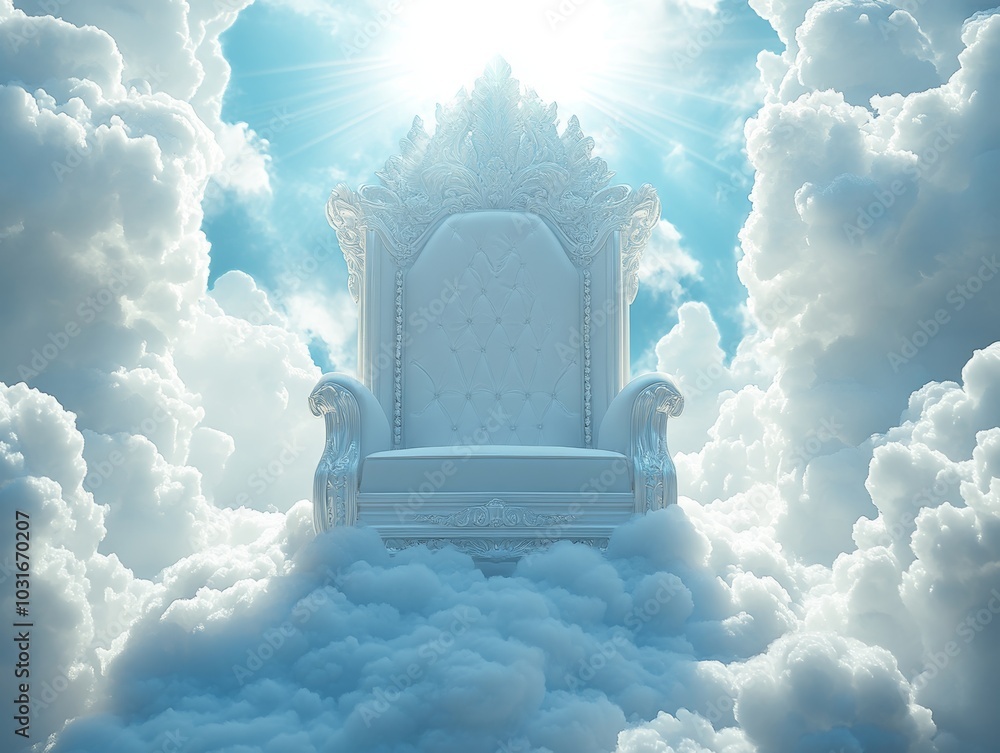 A heavenly throne surrounded by radiant clouds and divine light, a ...