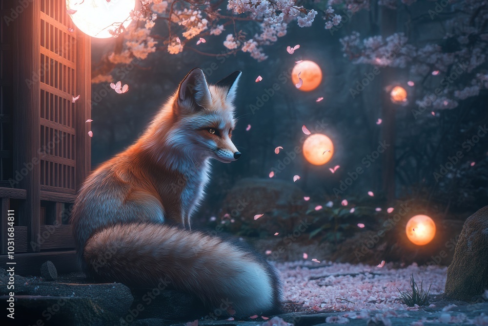 A mystical kitsune, a nine-tailed fox spirit, sitting gracefully in a ...