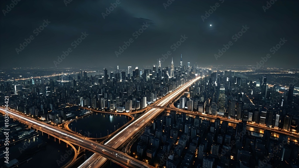 Urban highway with vehicle light trails at night facing skyscrapers ...