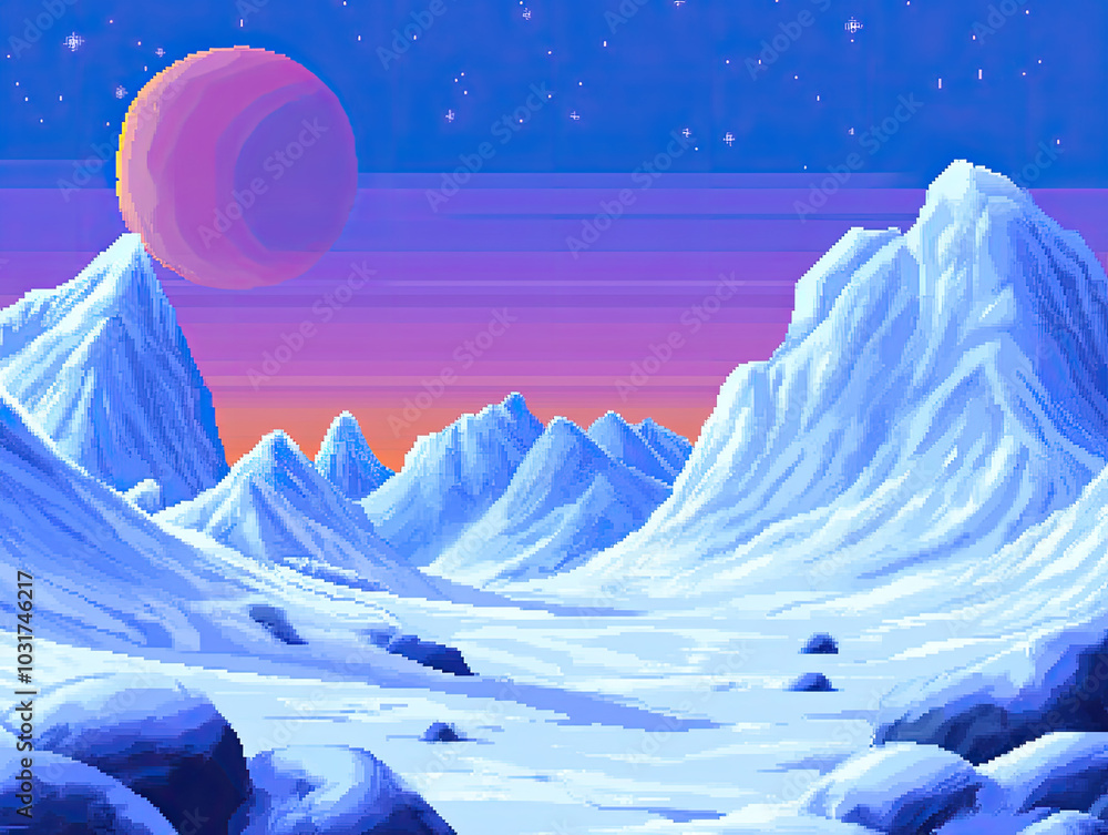 Ice Planet Background Pixel Art and 8-Bit Characters for Futuristic ...
