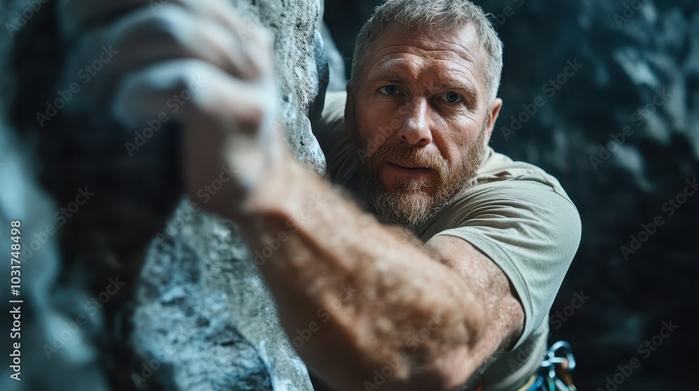 An intense shot of a climber gripping a rocky surface within a cave ...
