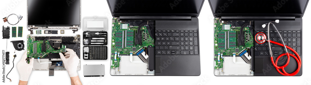 cutaway notebook and open laptop technician with gloves chainging fix ...